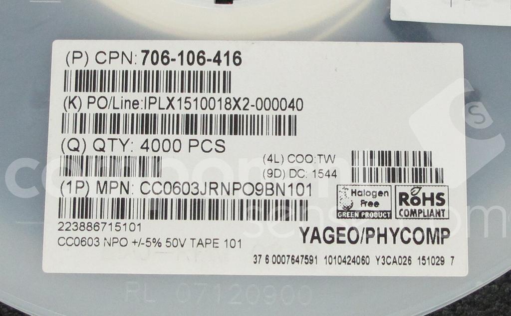 CC0603JRNPO9BN101 Yageo Phycomp, Yageo, Unknown | Component Sense