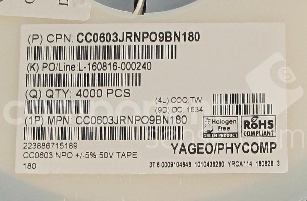 CC0603JRNPO9BN180 Yageo, Yageo corp | Component Sense